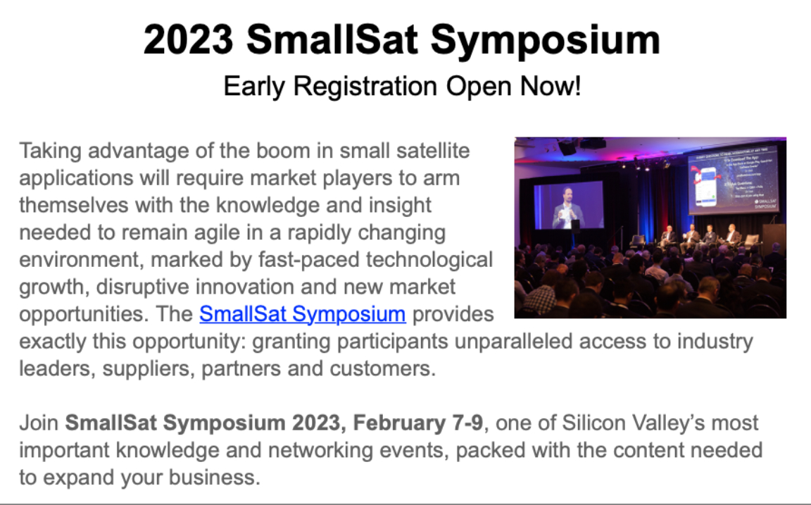 2023 SmallSat Symposium — Attendee early registration is now open — save $$$ – SatNews