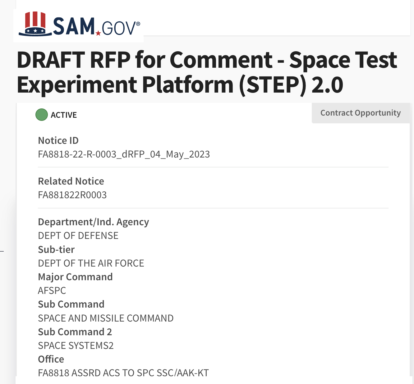 SSC draft RFP released on SAM.gov for STEP 2.0 contract effort – SatNews